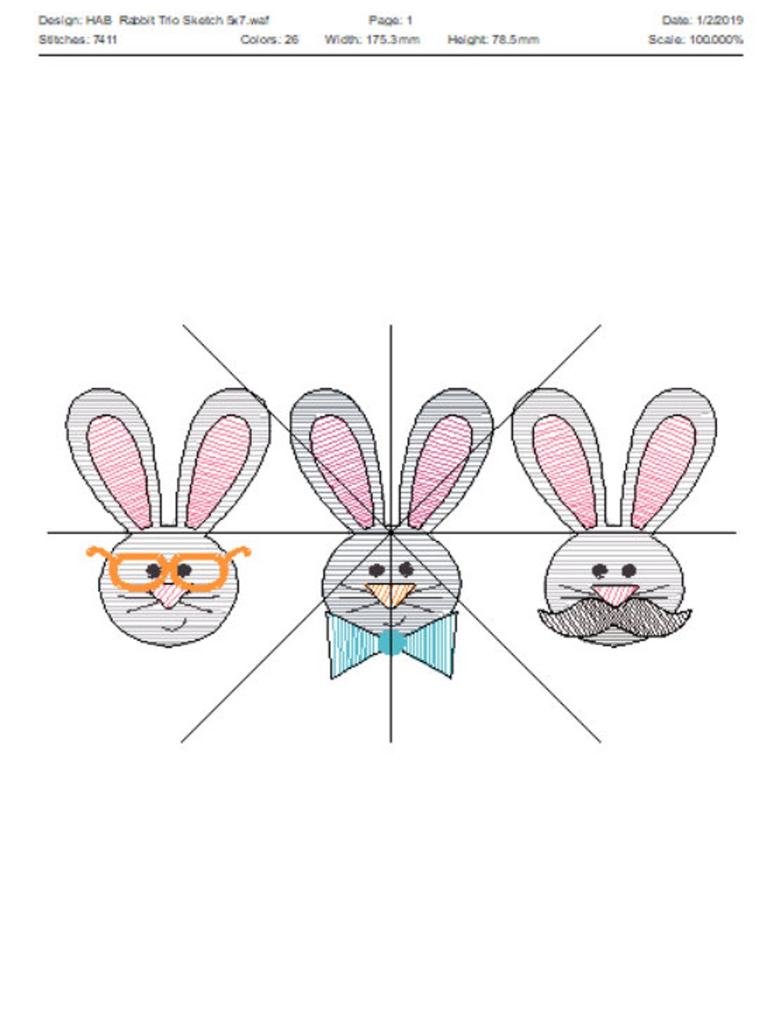 Rabbit Trio Sketch Embroidery Design 5x7 6x10 8x8 8x12 | Etsy