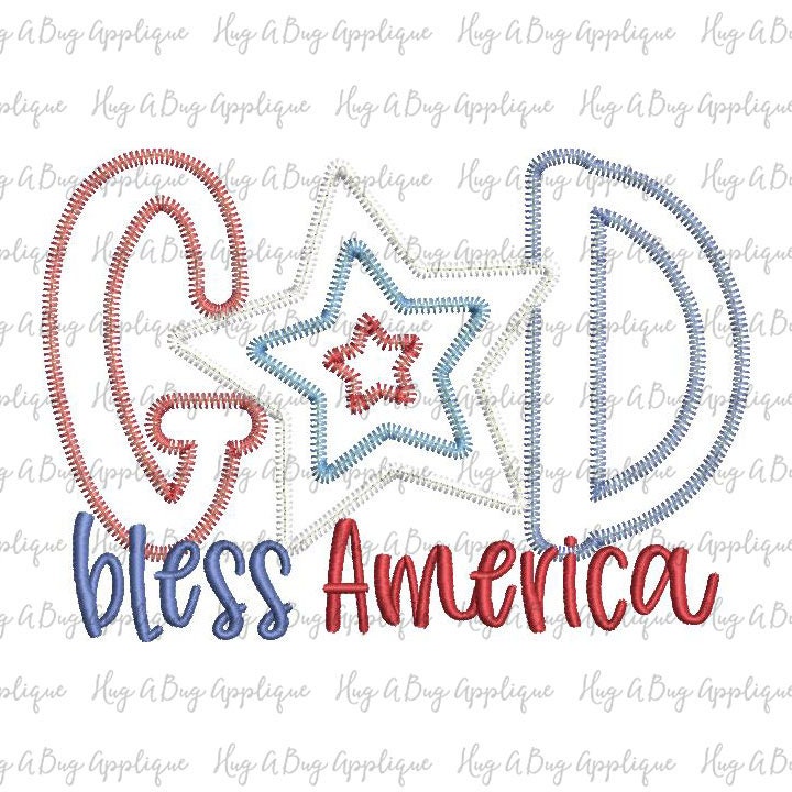 God Bless America Star Zig Zag Stitch Applique Design 5x7 6x10 8x8 8x12 ...