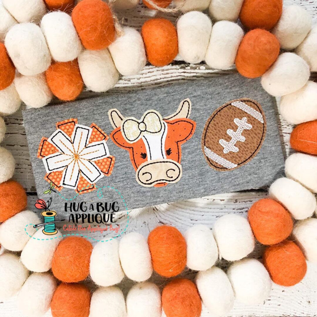 Cheer Longhorn Football Bean Stitch Applique Design 5x7 6x10 8x8 8x12 ...