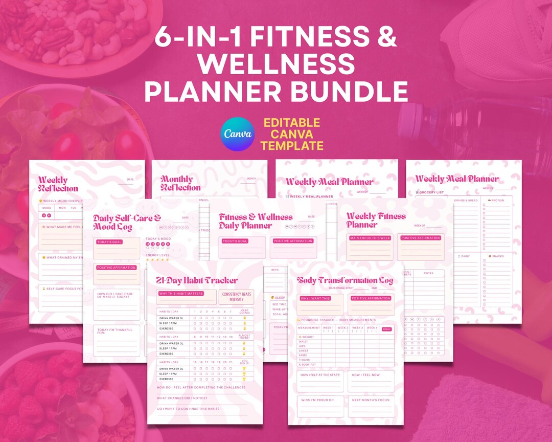 Fitness & Wellness Planner Bundle (6-in-1) Pink | Daily, Weekly, Meal ...
