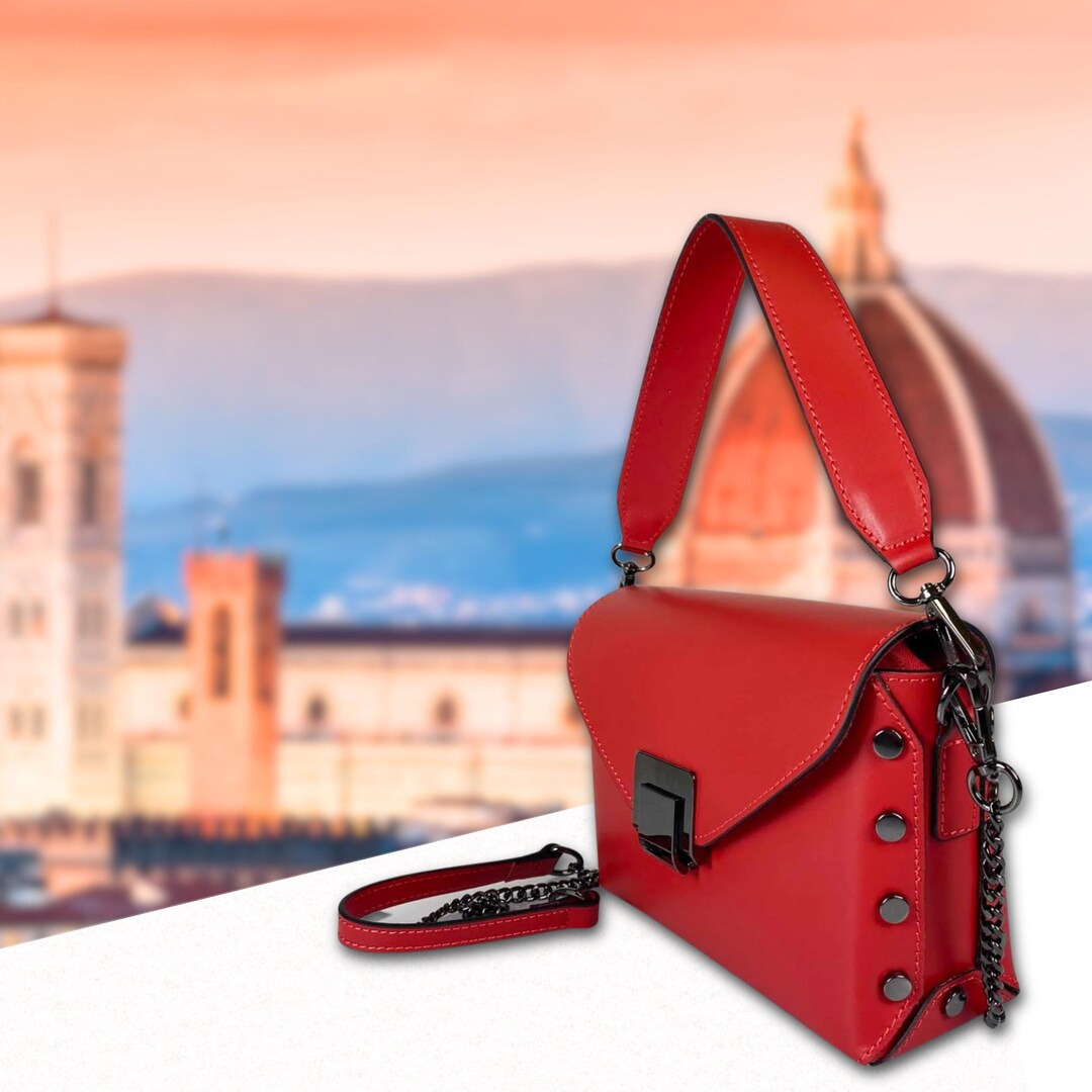 Red Italian Leather Crossbody Bag With Top Handel Handmade in Florence ...
