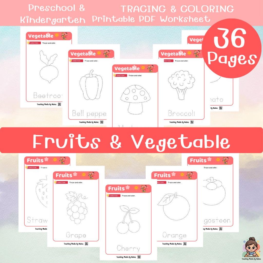 Fruits & Vegetables Tracing Coloring Pages | Preschool Learning (PDF ...