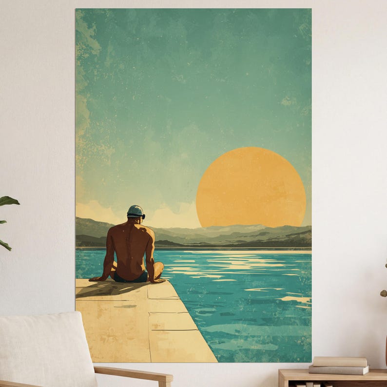 Swimmer Art Print: Retro Sunset Lake - Mid Century Modern Wall Decor - Etsy