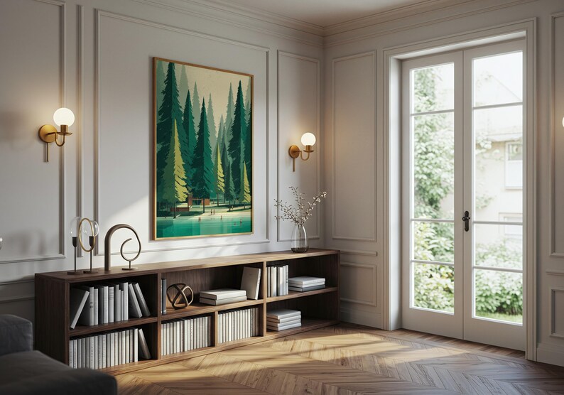 Lake Forest Wall Art: Retro Pine Trees - Calm Lakeside Scene - Etsy