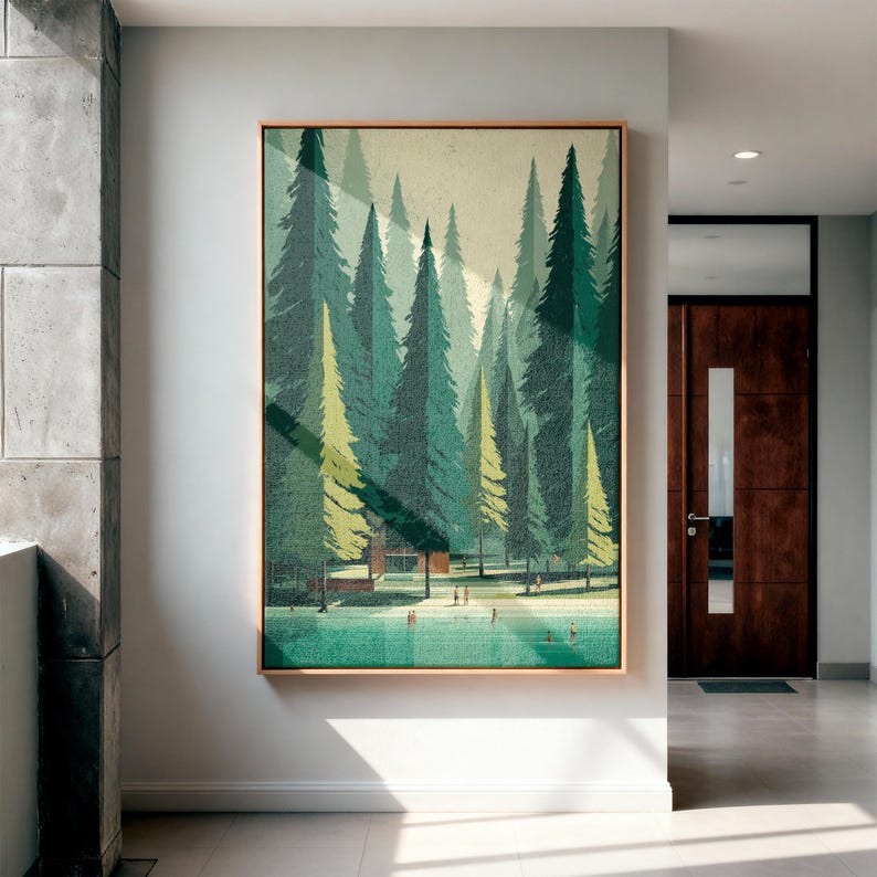 Lake Forest Wall Art: Retro Pine Trees - Calm Lakeside Scene - Etsy