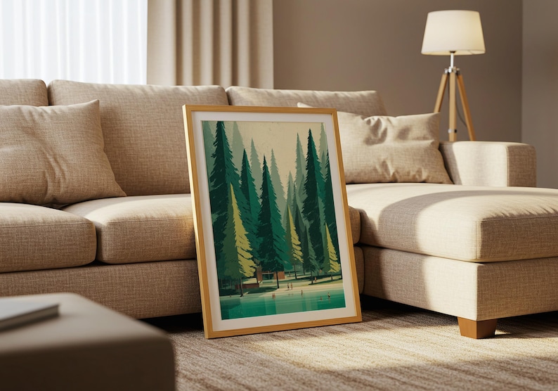 Lake Forest Wall Art: Retro Pine Trees - Calm Lakeside Scene - Etsy