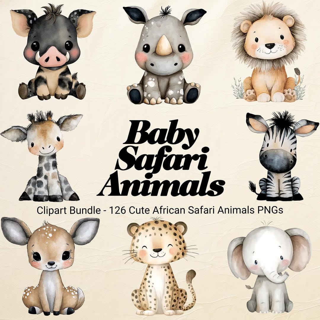 Watercolor Baby Safari Animals Clipart: Nursery Decor PNG (digital ...