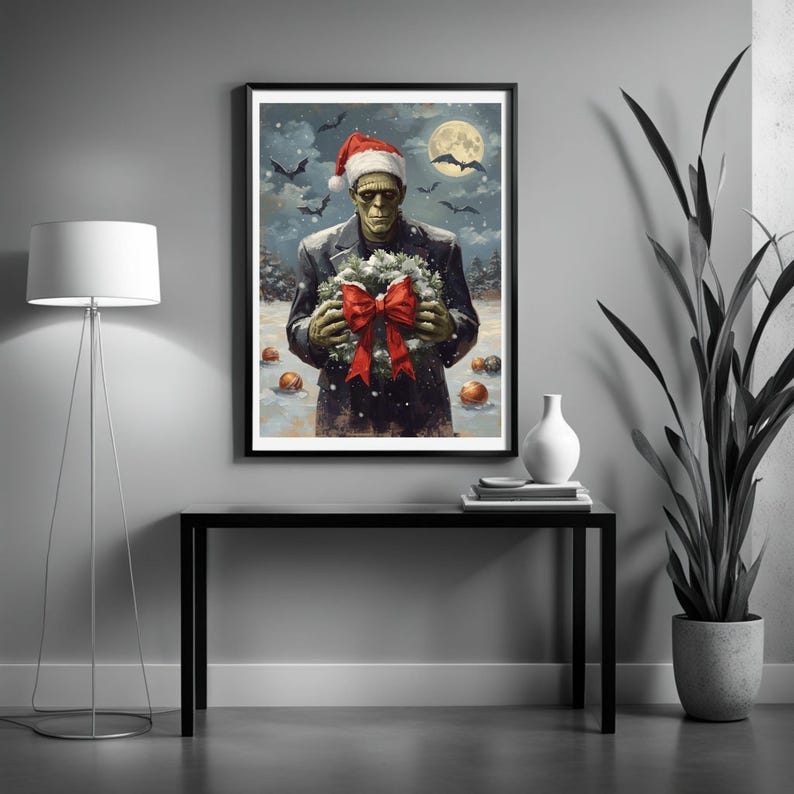 Frankenstein Christmas Wreath | Spooky Holiday Gothic Art Print ...