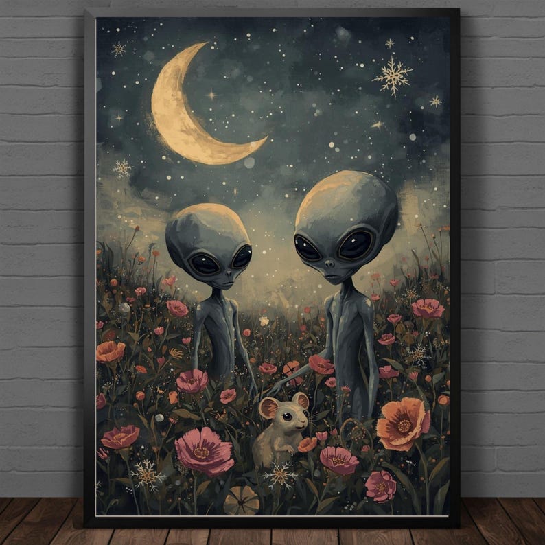 A Gentle Encounter | Whimsical Alien Wall Art | Sci-fi Decor | Cozy ...