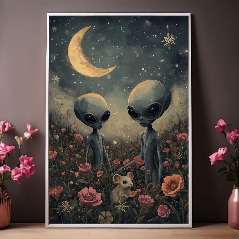 A Gentle Encounter | Whimsical Alien Wall Art | Sci-fi Decor | Cozy ...