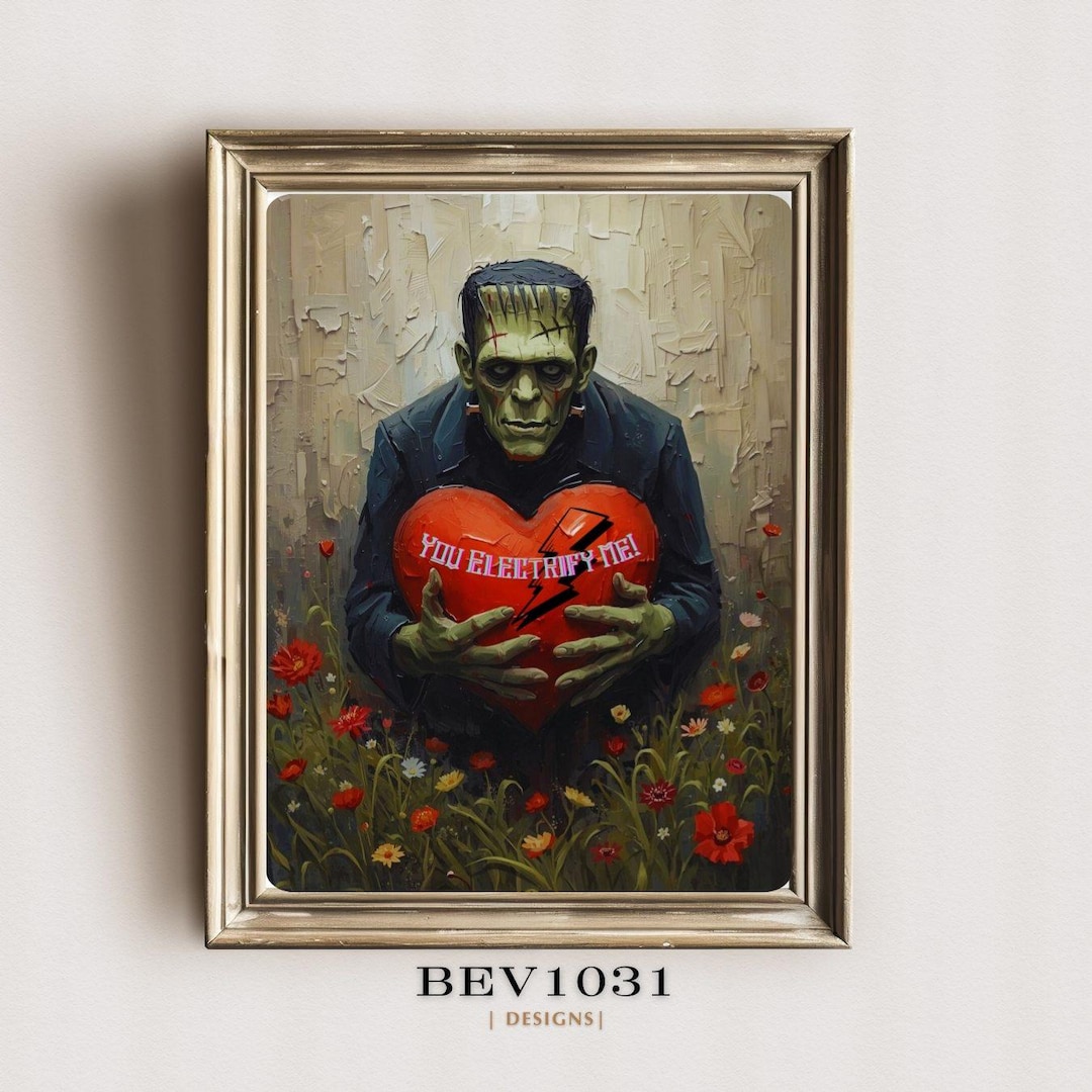 Frankenstein Valentine Print | You Electrify Me | Flower Field Goth Art ...