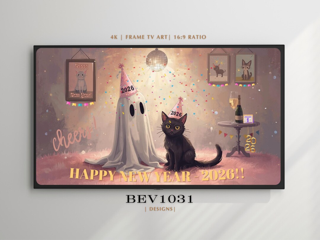 Happy New Year Party 2026 TV Art | Ghost & Black Cat Disco Celebration ...