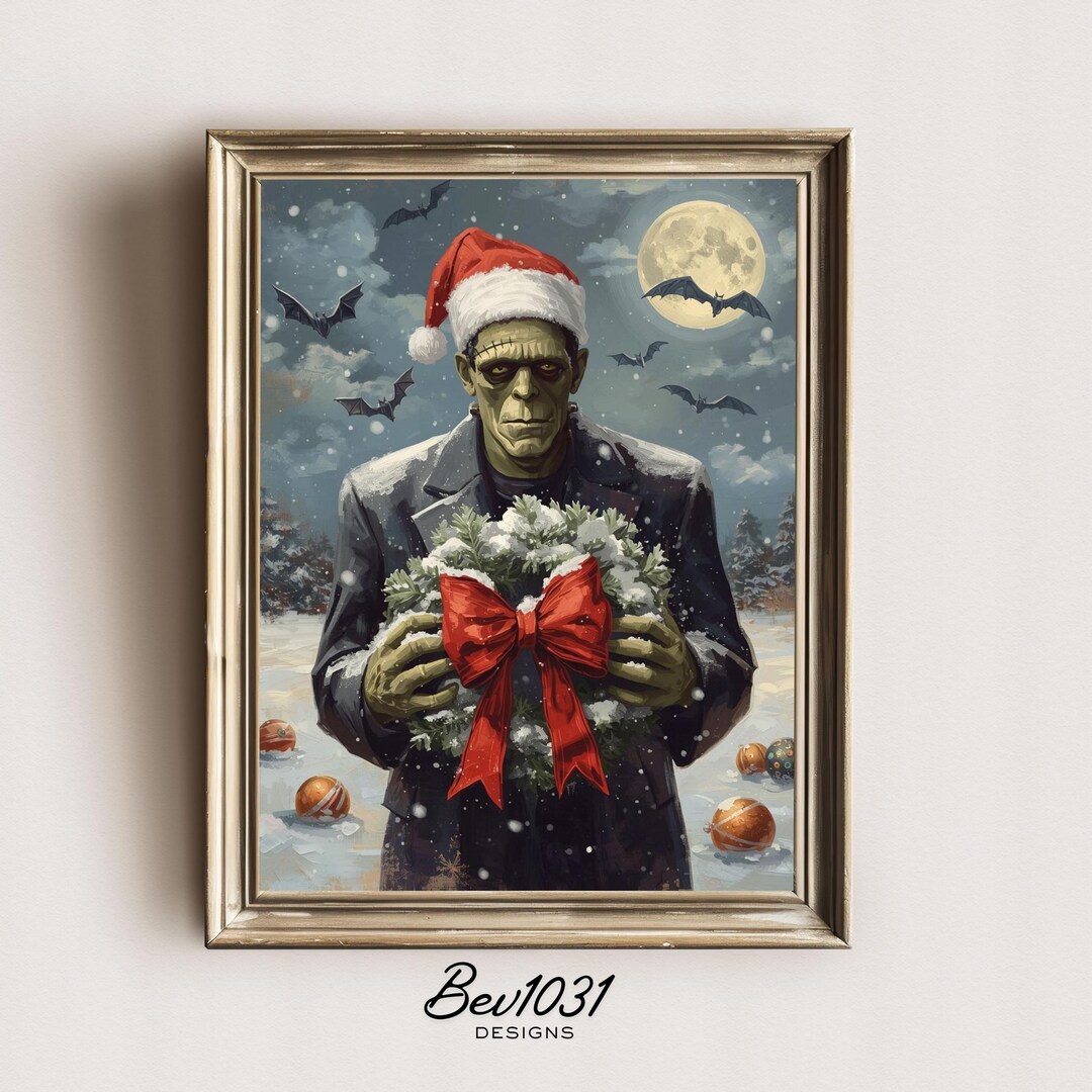 Frankenstein Christmas Wreath | Spooky Holiday Gothic Art Print ...