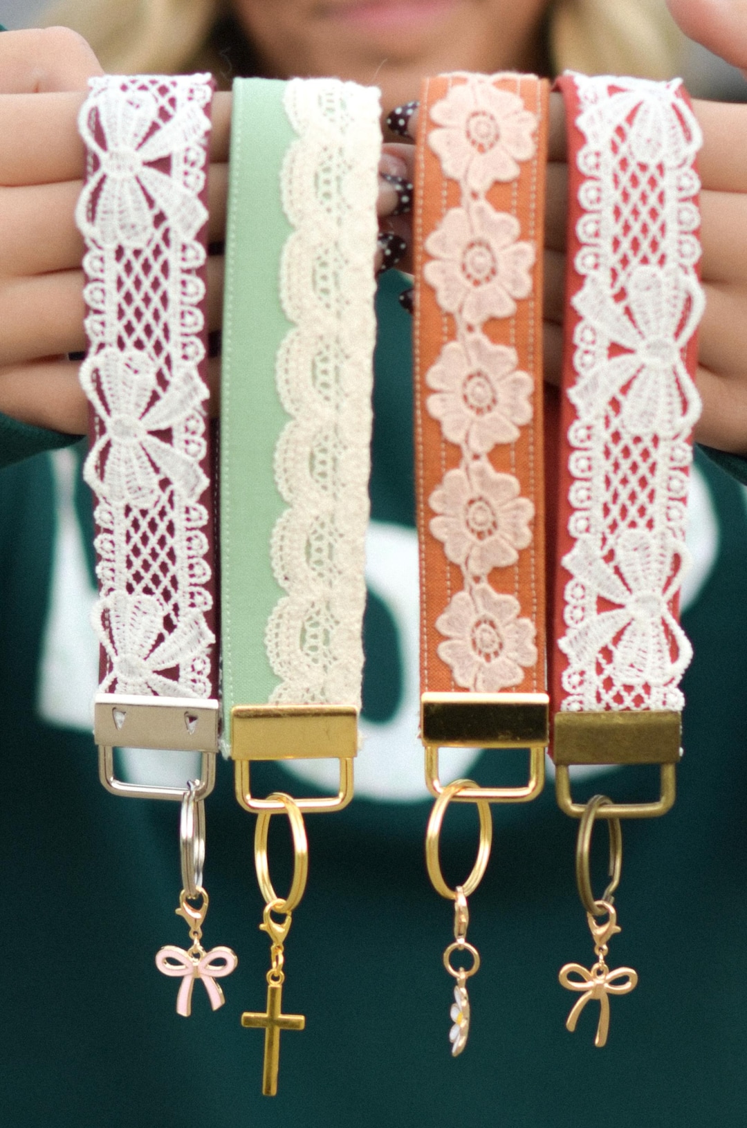 Custom Fabric Key Fob Wristlet With Charm | Handmade Lace Cottagecore ...