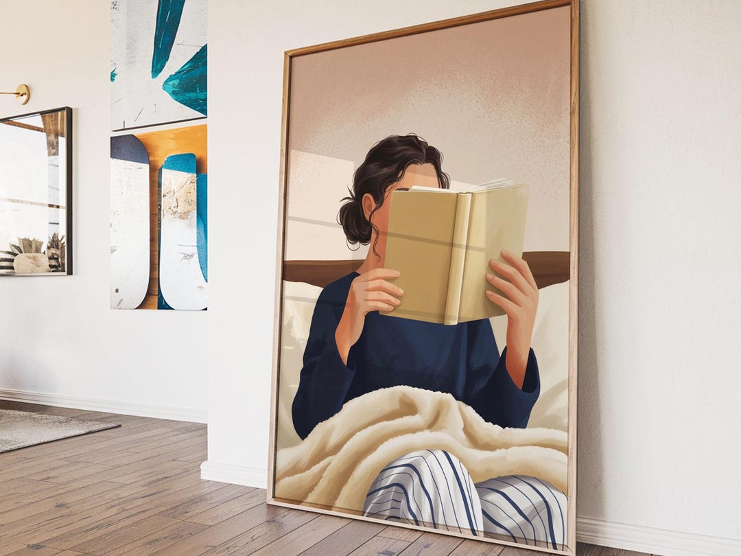 Woman Reading in Bed Poster, Book Lover Wall Art Print, Reading Nook ...