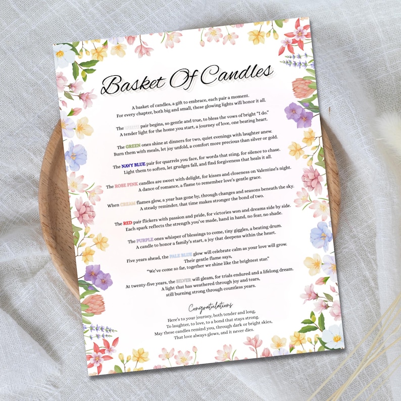 A Basket of Candles Poem Printable, Wedding Gift Poem, Bridal Shower ...