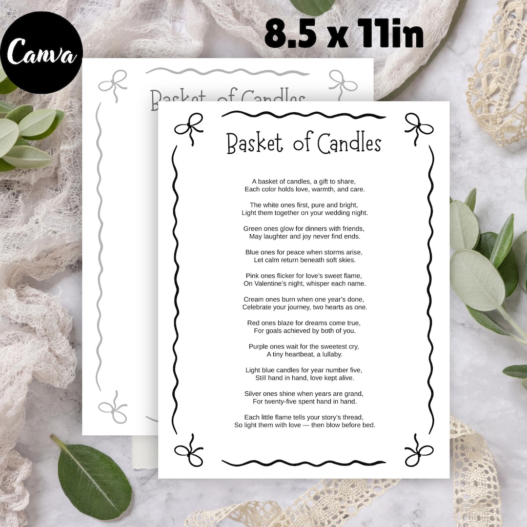 Basket of Candles Poem Printable, Wedding Gift Poem, Anniversary Basket ...