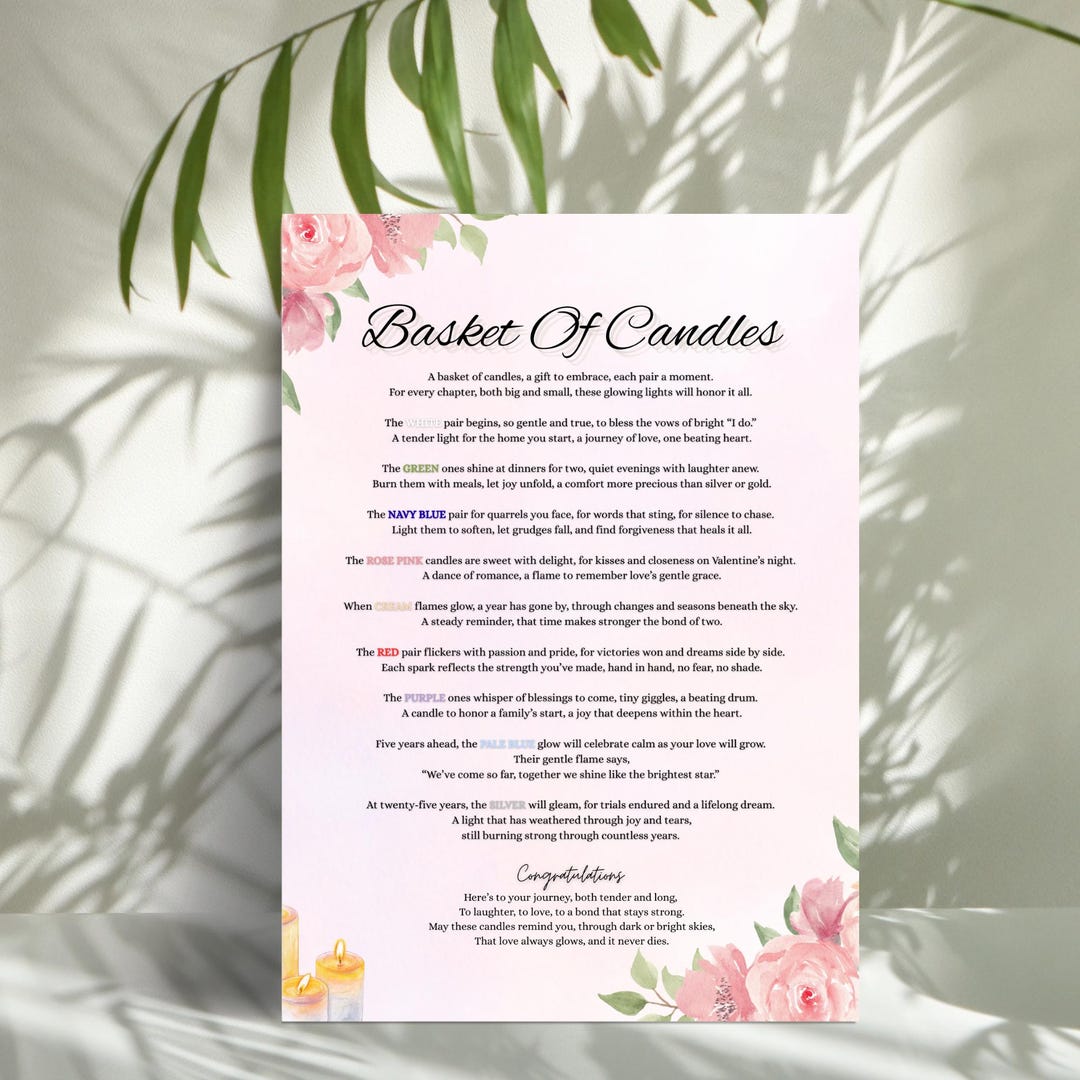 A Basket of Candles Poem Printable, Wedding Gift Poem, Bridal Shower ...