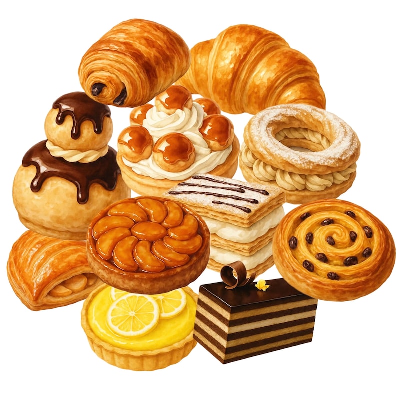 French Pastry Digital Art: Bakery Illustrations, Dessert Stickers (PNG ...