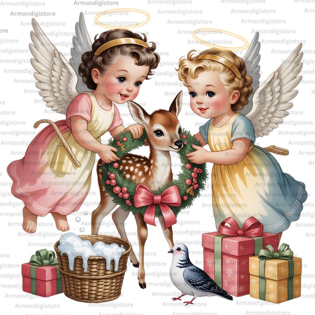 Vintage Christmas Angels & Deer Watercolor Clipart | Retro Holiday ...