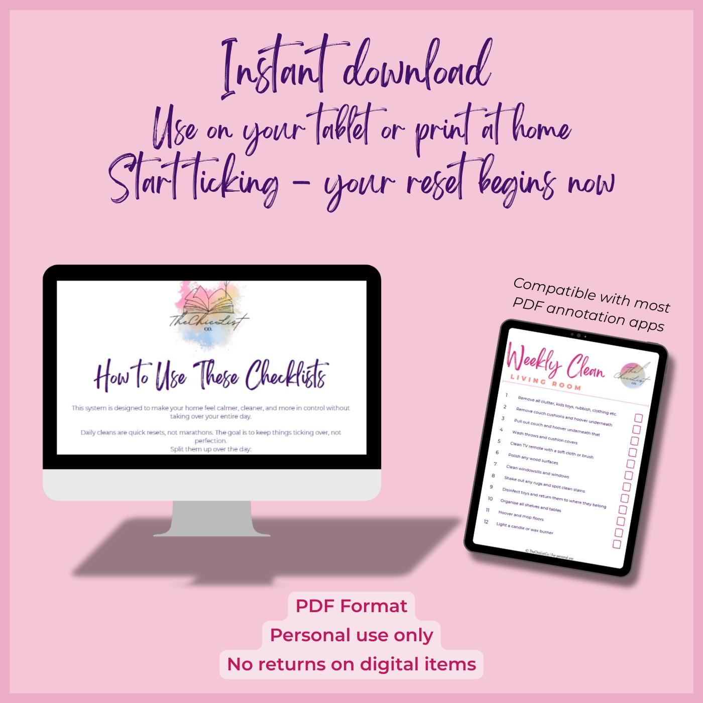 Printable Cleaning Checklist Bundle: Daily, Weekly, Sunday Reset (PDF ...