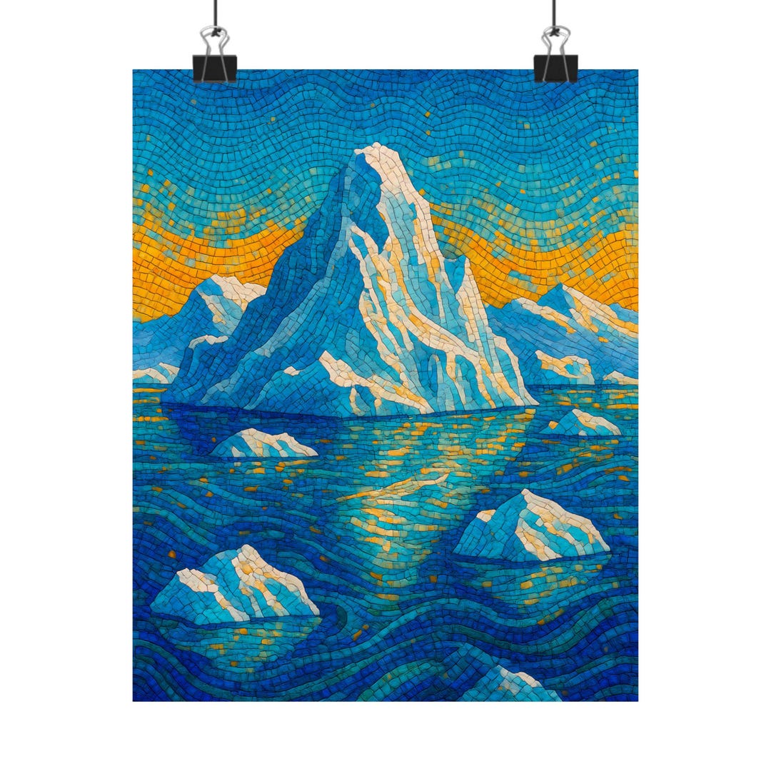Arctic Iceberg Mosaic Print: Blue & Gold Coastal Landscape - Etsy