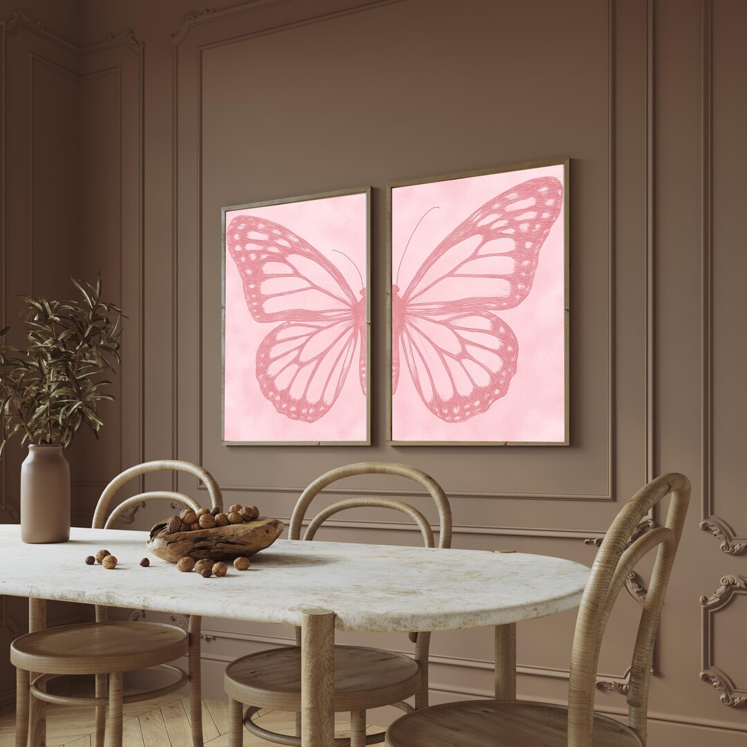 Pink Butterfly Diptych Wall Art, Nature Line Drawing (digital Download ...