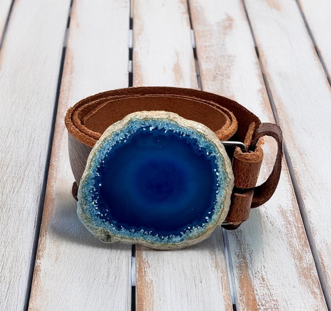 Ocean Blue Ringed Agate Slice Quartz Belt Buckle | Raw Edge - Etsy