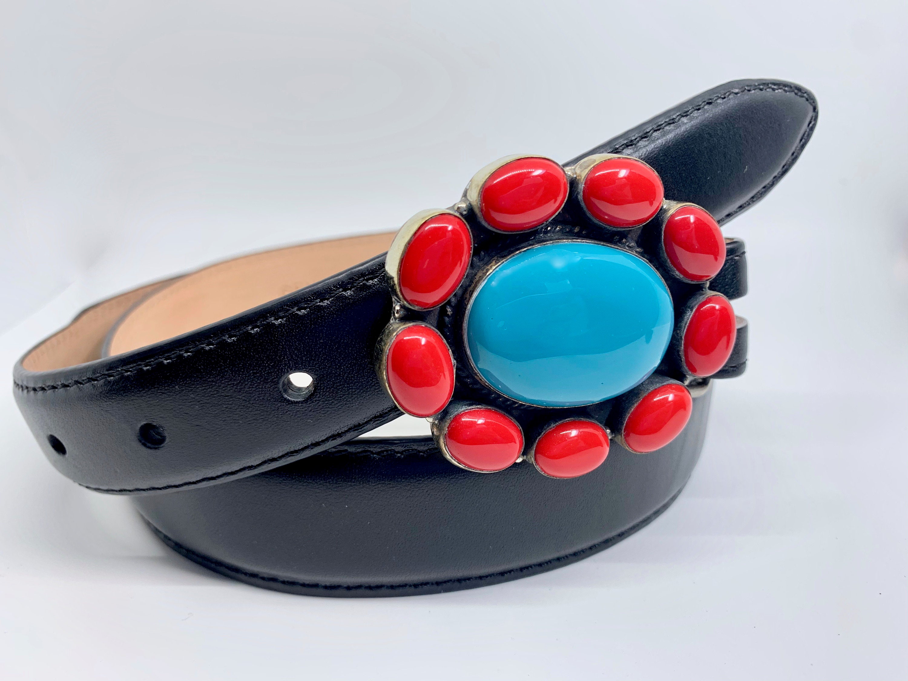 Turquoise Red Coral Flower Belt Buckle with Black Leather | Etsy