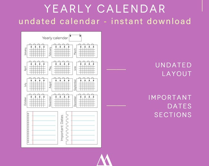 Undated Year Calendar Printable & Fillable, Year at a Glance, Year on ...