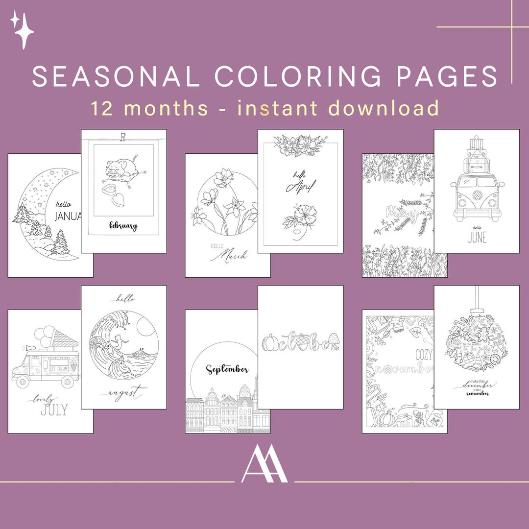 12 Months Coloring Pages Bundle - Seasonal Printable Art for Bullet ...
