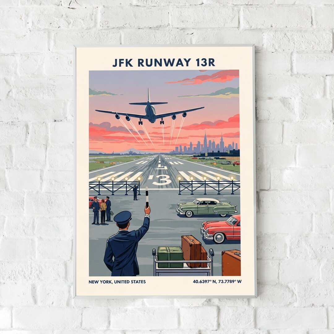 JFK Runway 13R Poster – Pink and Green Art Print | Vintage Travel and ...