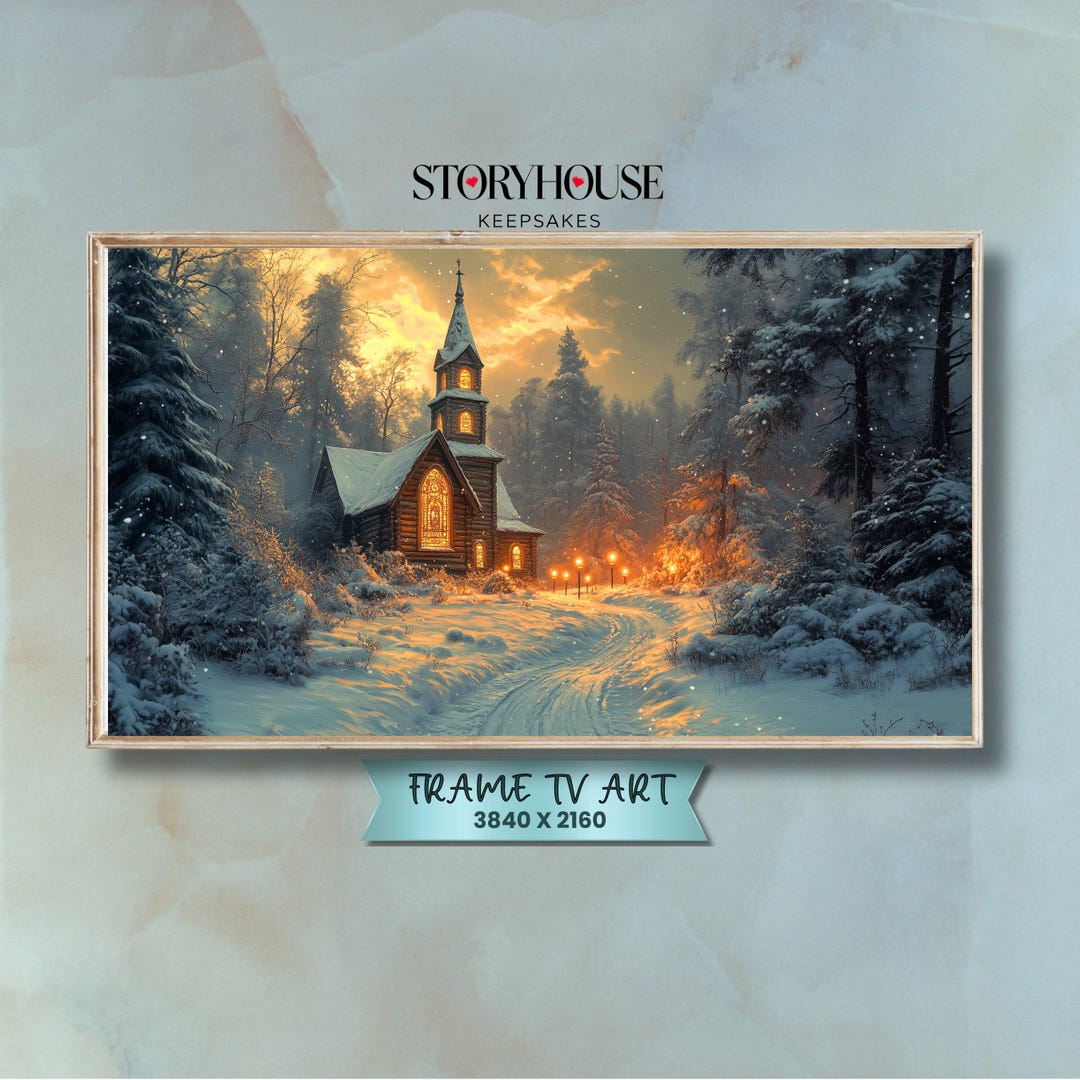 Samsung Frame TV Art – Snowy Forest Chapel at Dusk, Reverent Winter ...