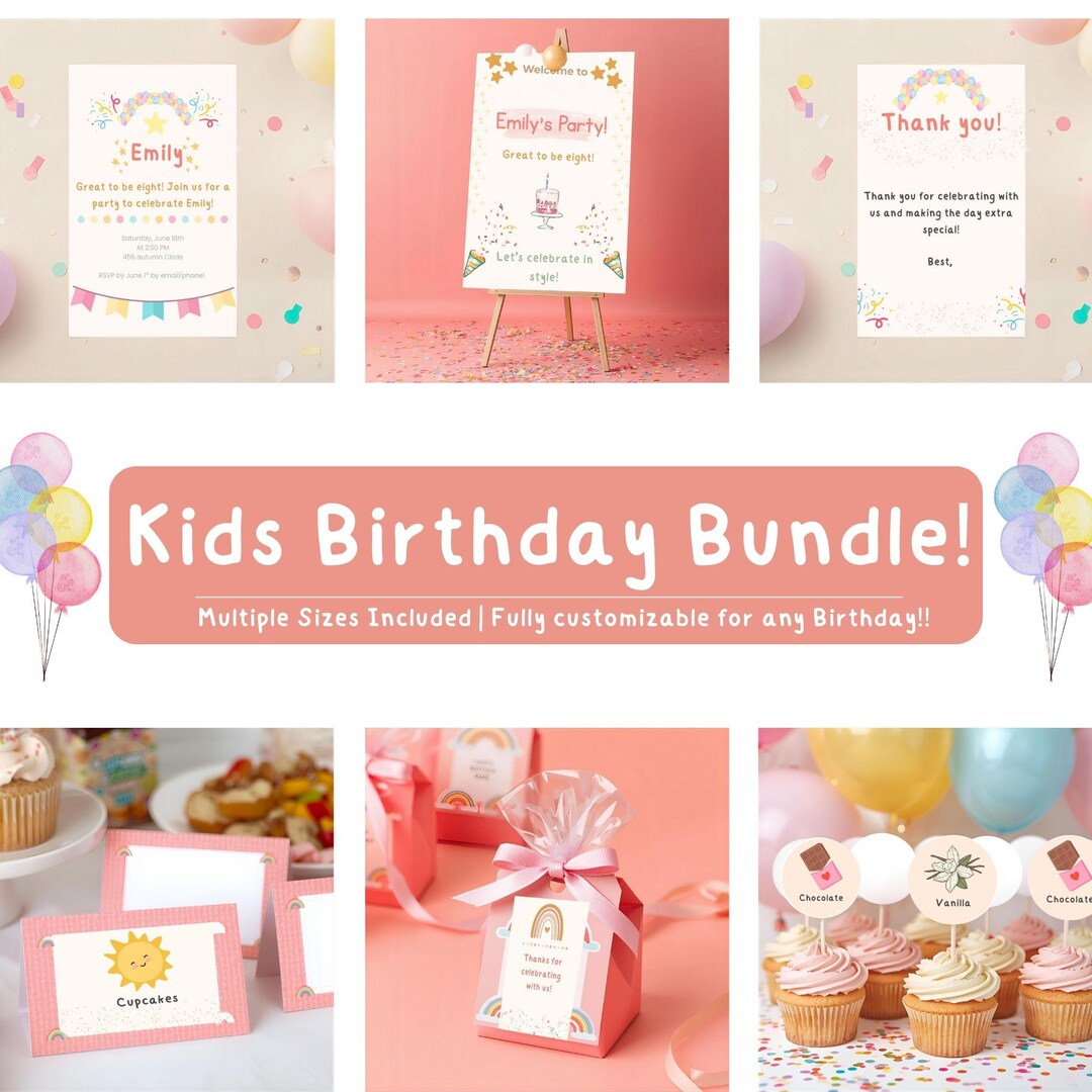 Kids Birthday Party Printable Bundle: Editable Invitations, Signs, and ...