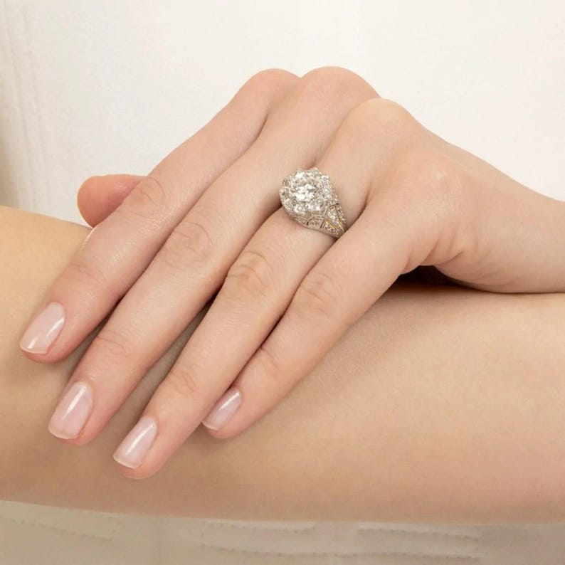 Antique Halo Diamond Engagement Ring | Engraved Cathedral Shank ...