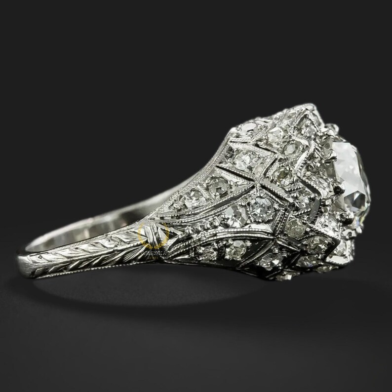 Antique Halo Diamond Engagement Ring | Engraved Cathedral Shank ...