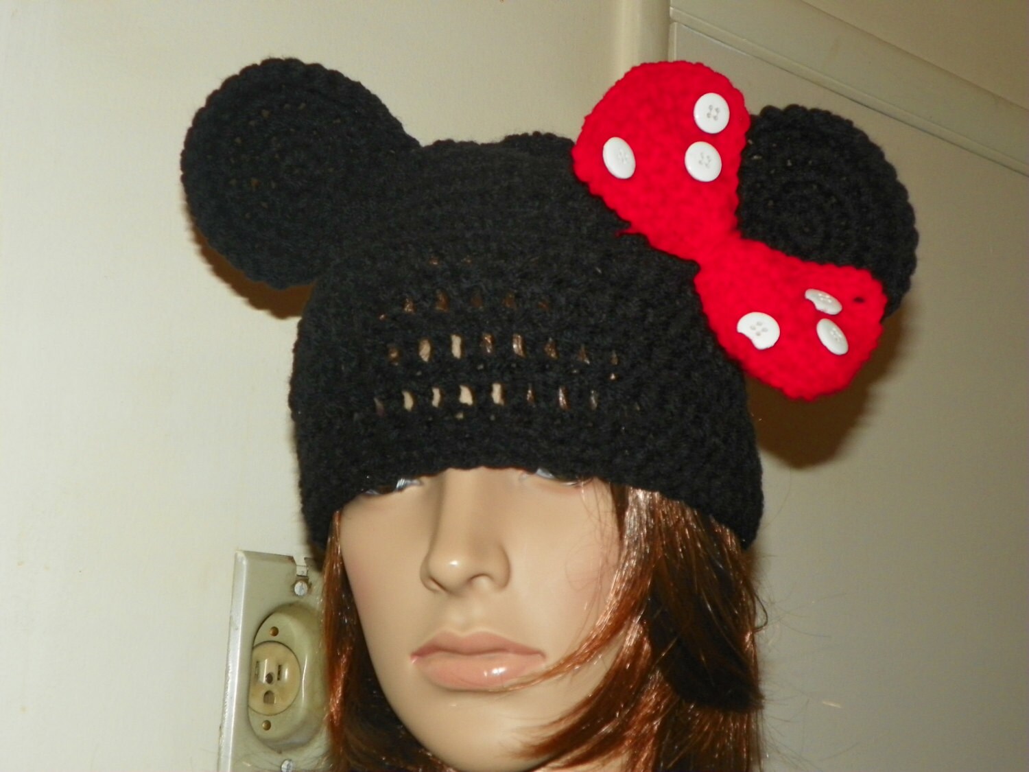Minnie Mouse Hat With a Red Bow and White Buttons Hand Crochet Sizes ...