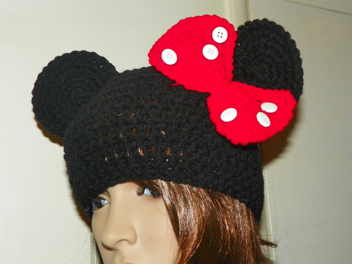 Minnie Mouse Hat With a Red Bow and White Buttons Hand Crochet Sizes ...