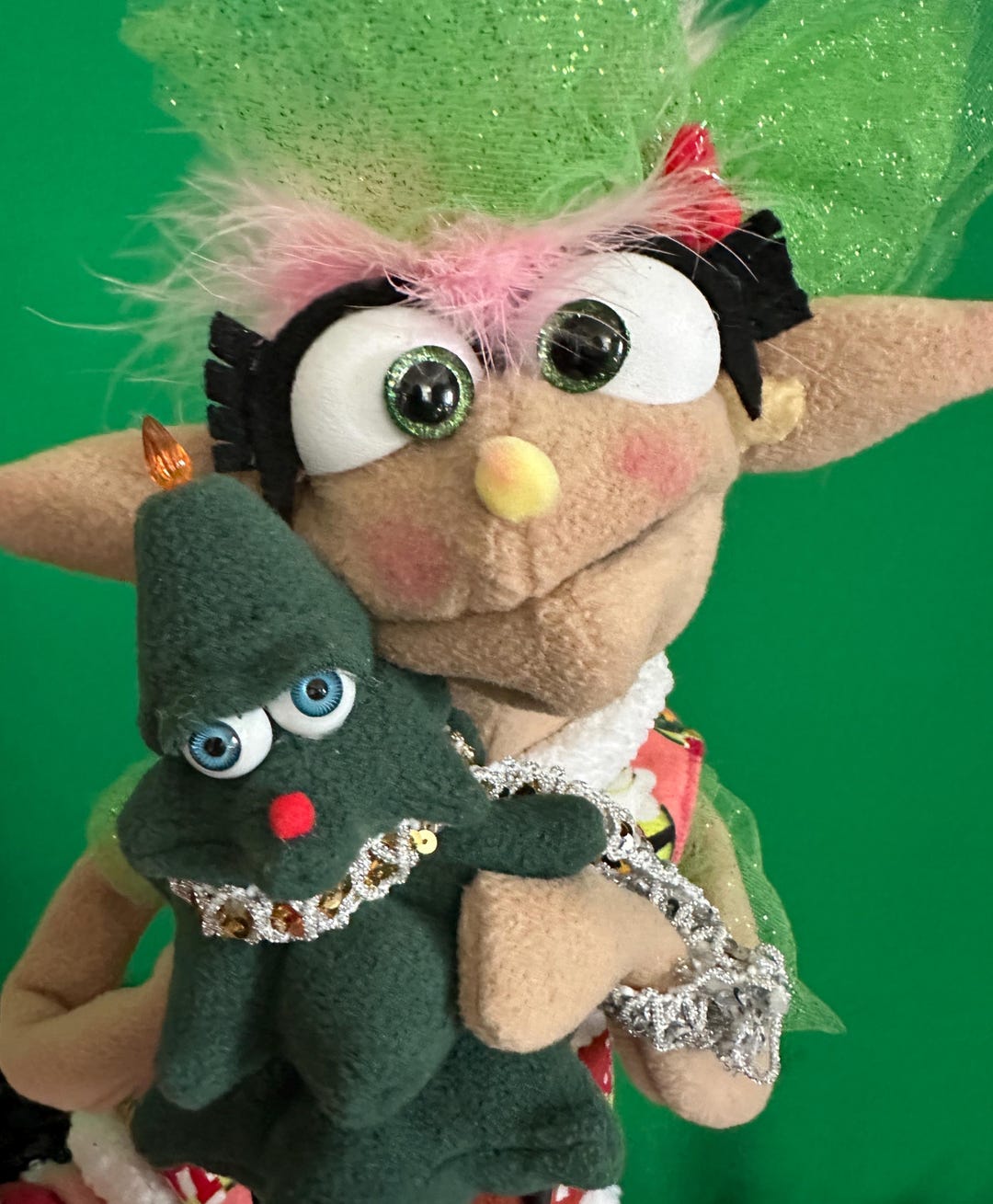 Hand Puppet Elf in Avacado Holiday Dress With Pet Christmas Tree. - Etsy