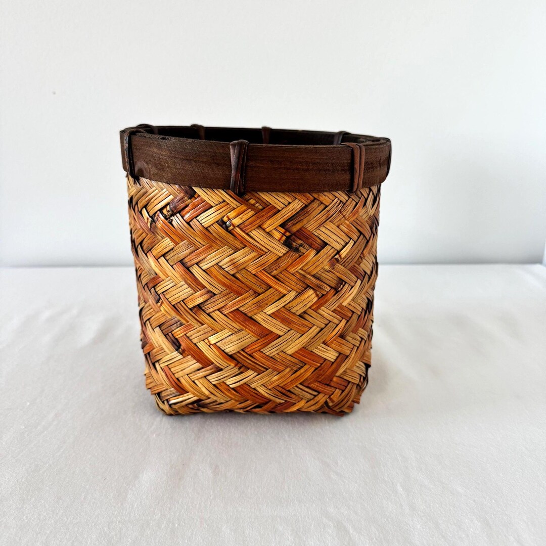 Vintage Woven Bamboo Basket Cachepot – Wood-banded Rim, Removable ...