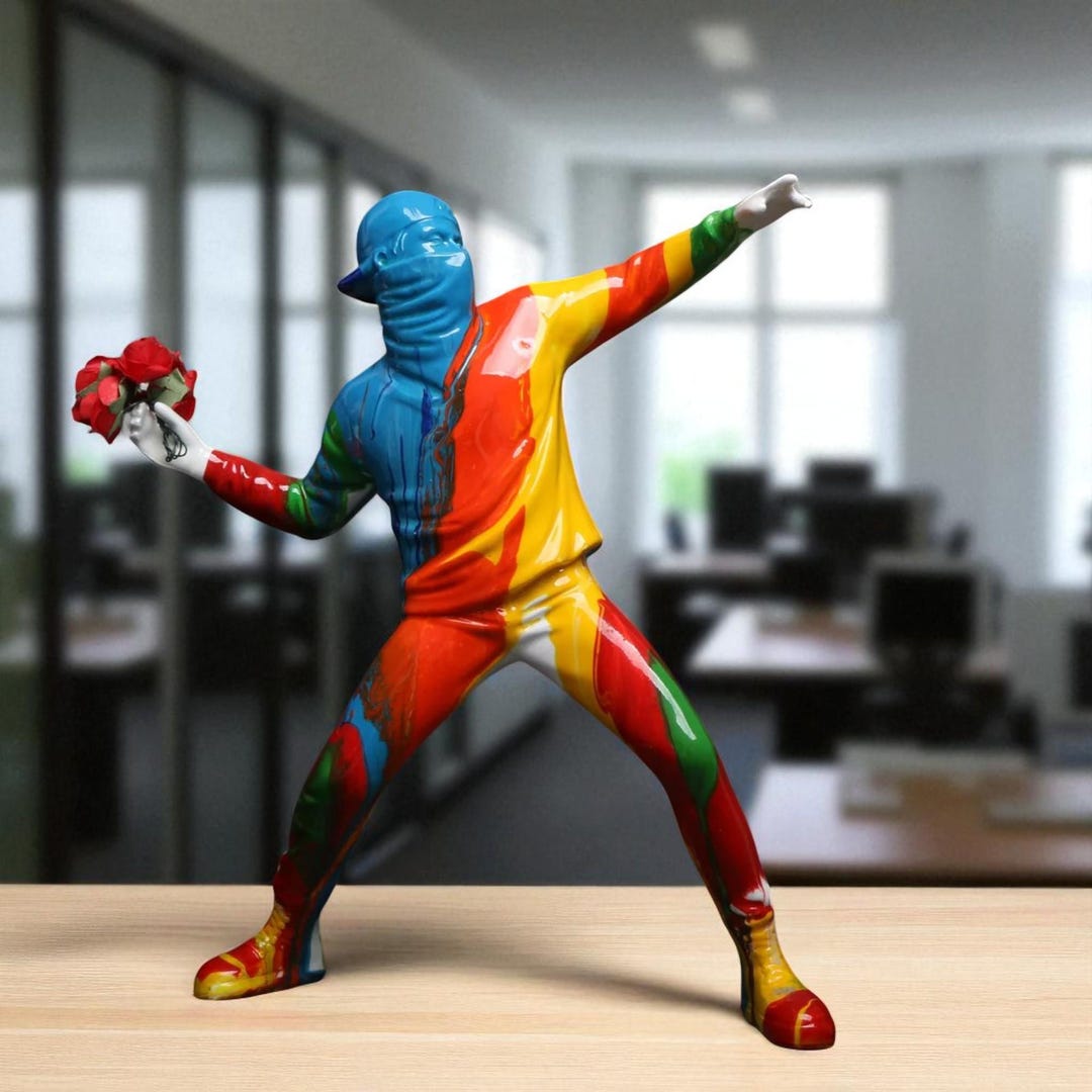 Colorful Balloon Man Throwing Flowers Statue – Modern Resin Peace ...