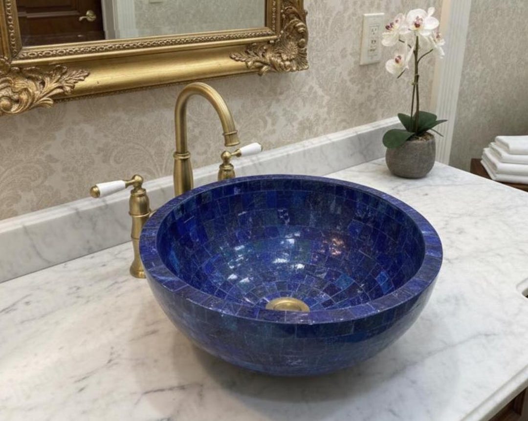 Deep Blue Stone Vessel Sink • Lapis Lazuli Style Countertop Basin ...