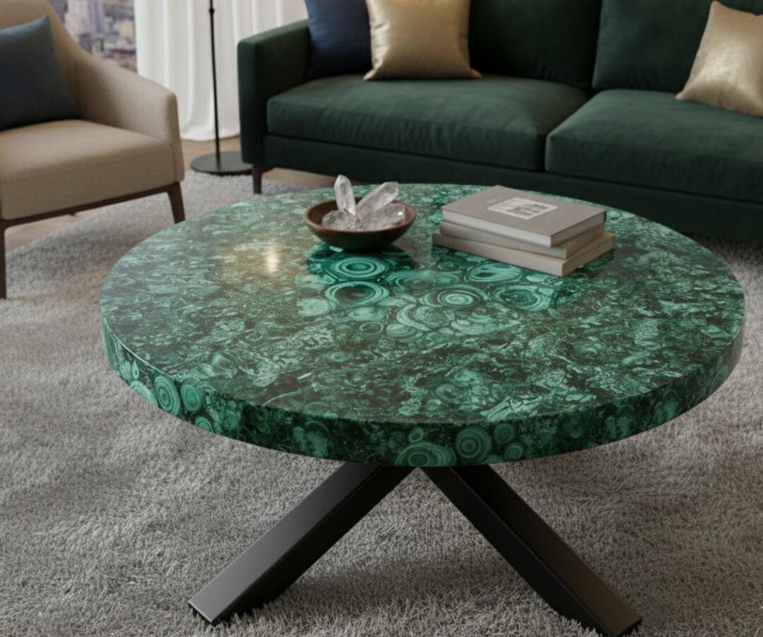 Luxury Malachite Green Round Coffee Table Top | Natural Gemstone Inlay ...