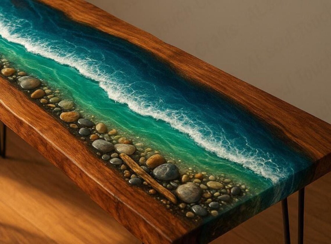 Epoxy Resin River Table | Teal Walnut Console Table | Live Edge Wood ...