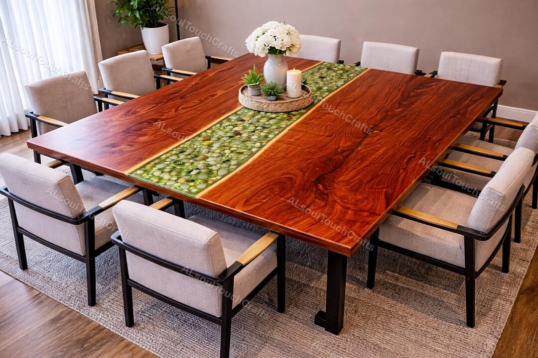 Epoxy Live Edge River Table Top | Green Pebble Resin Inlay Dining Table ...