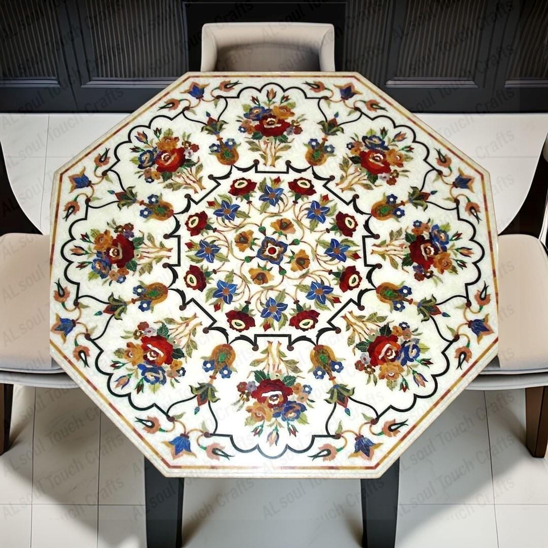 Octagon Marble Inlay Table Top • Green Floral Pietra Dura Stone Inlay ...