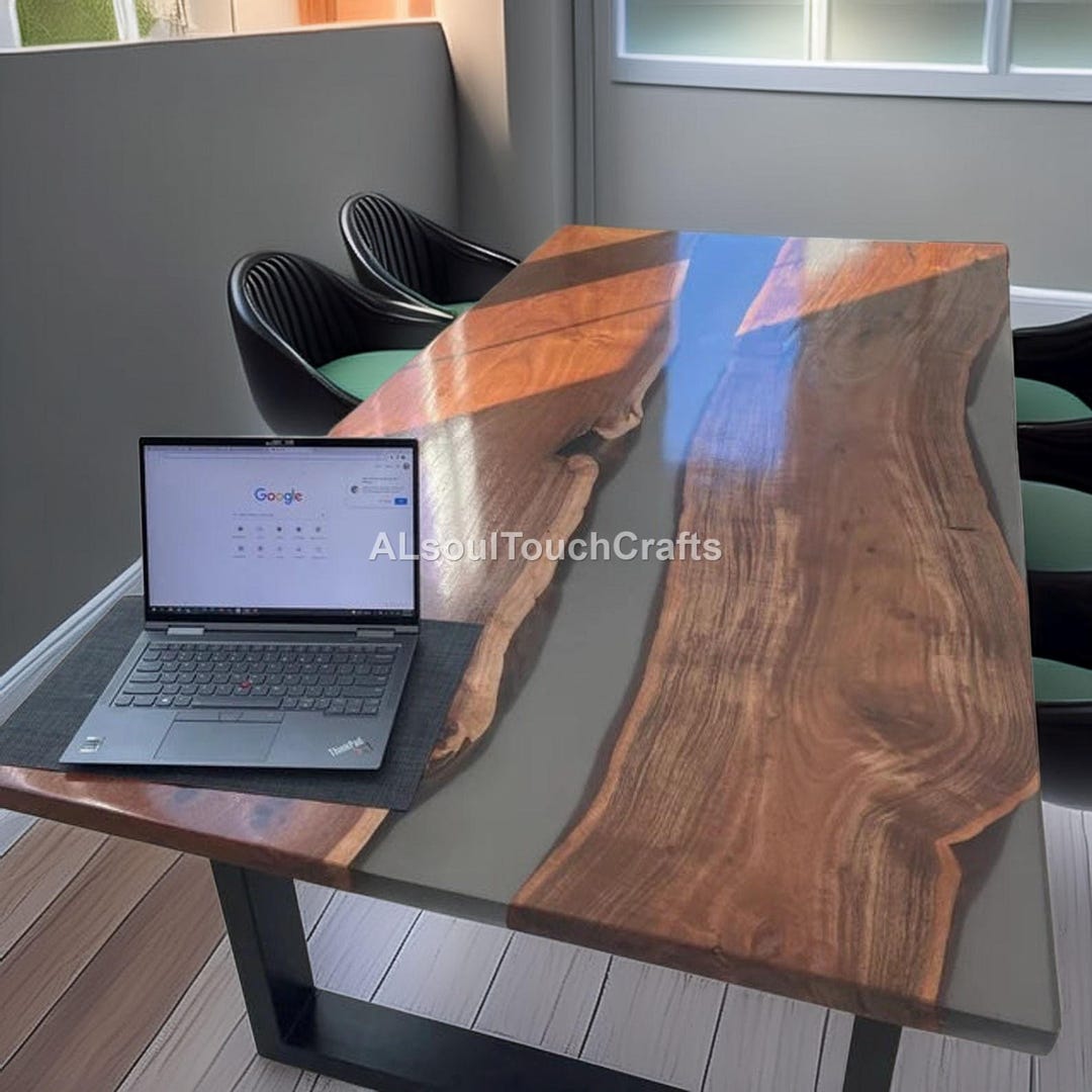 Luxury Resin River Table – Live Edge Wood & Grey Epoxy Office Desk ...