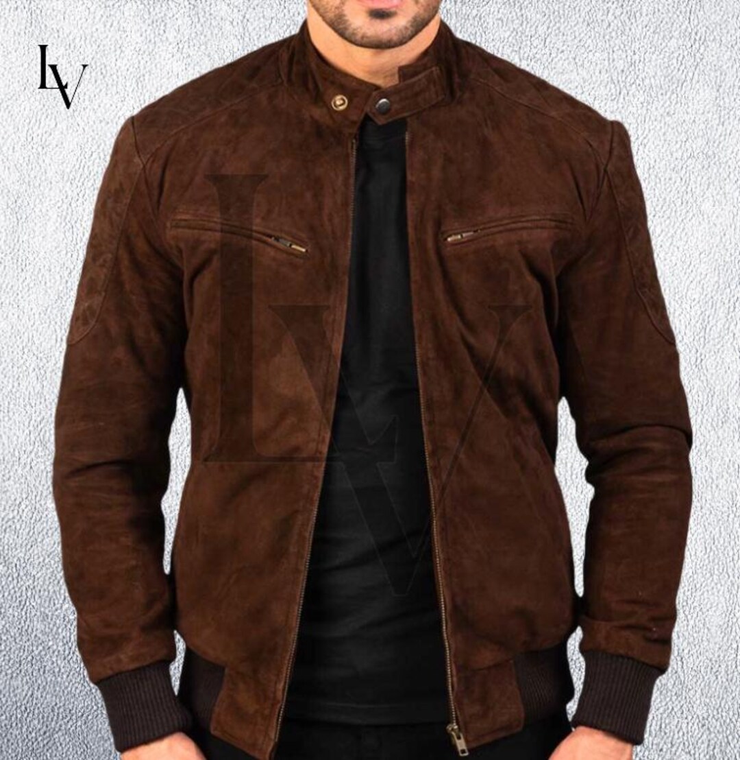 Men's Brown Suede Goatskin Leather Biker Jacket With Free Wallet - Etsy