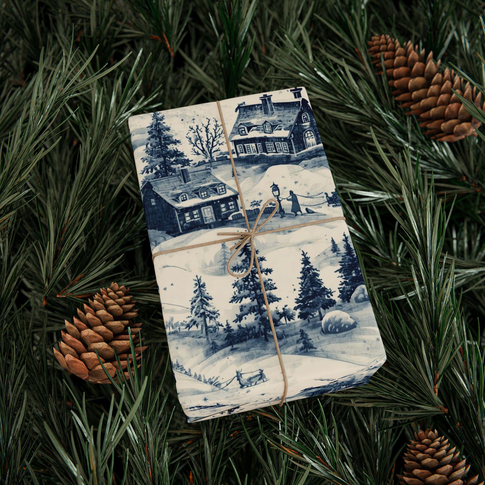Blue & White Toile Christmas Wrapping Paper • Winter Wonderland Scene ...