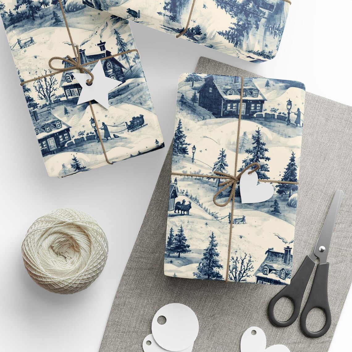 Blue & White Toile Christmas Wrapping Paper • Winter Wonderland Scene ...
